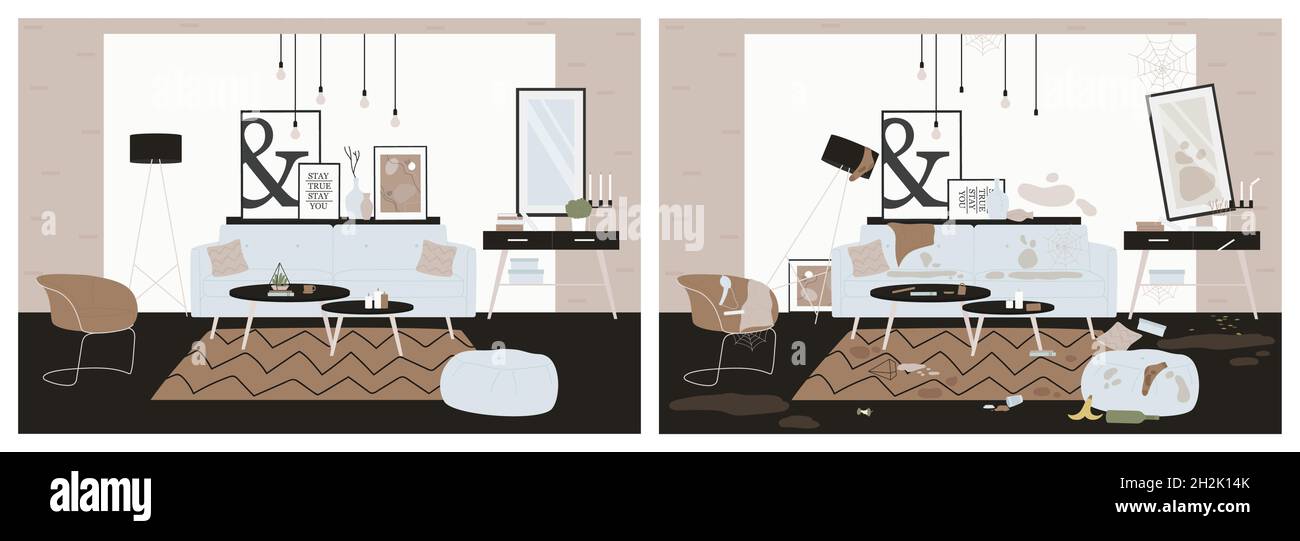 Clean and dirty family living room, cleaning service for home apartment ...