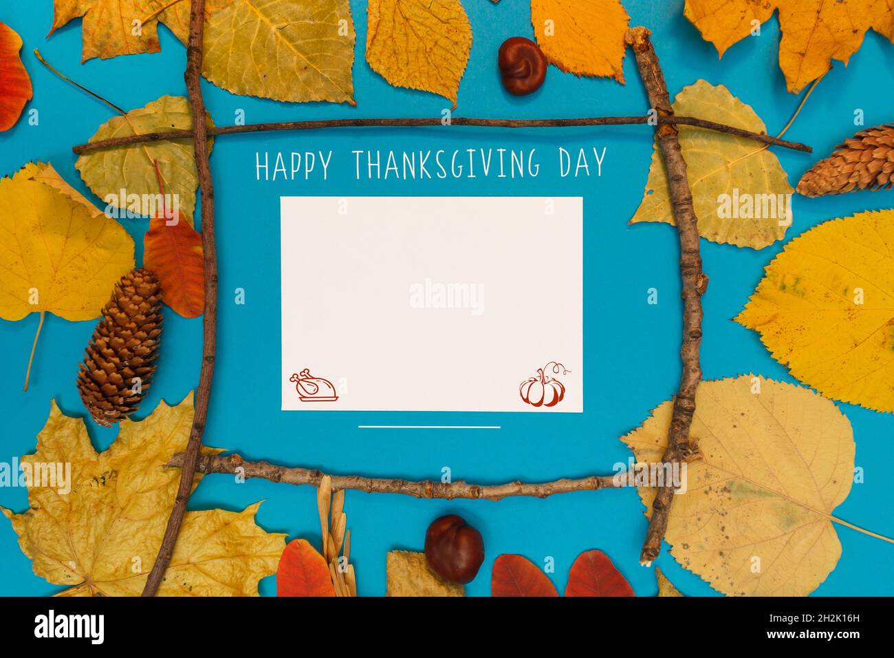 Thanksgiving day mockup template with yellow leaves and frame Stock ...