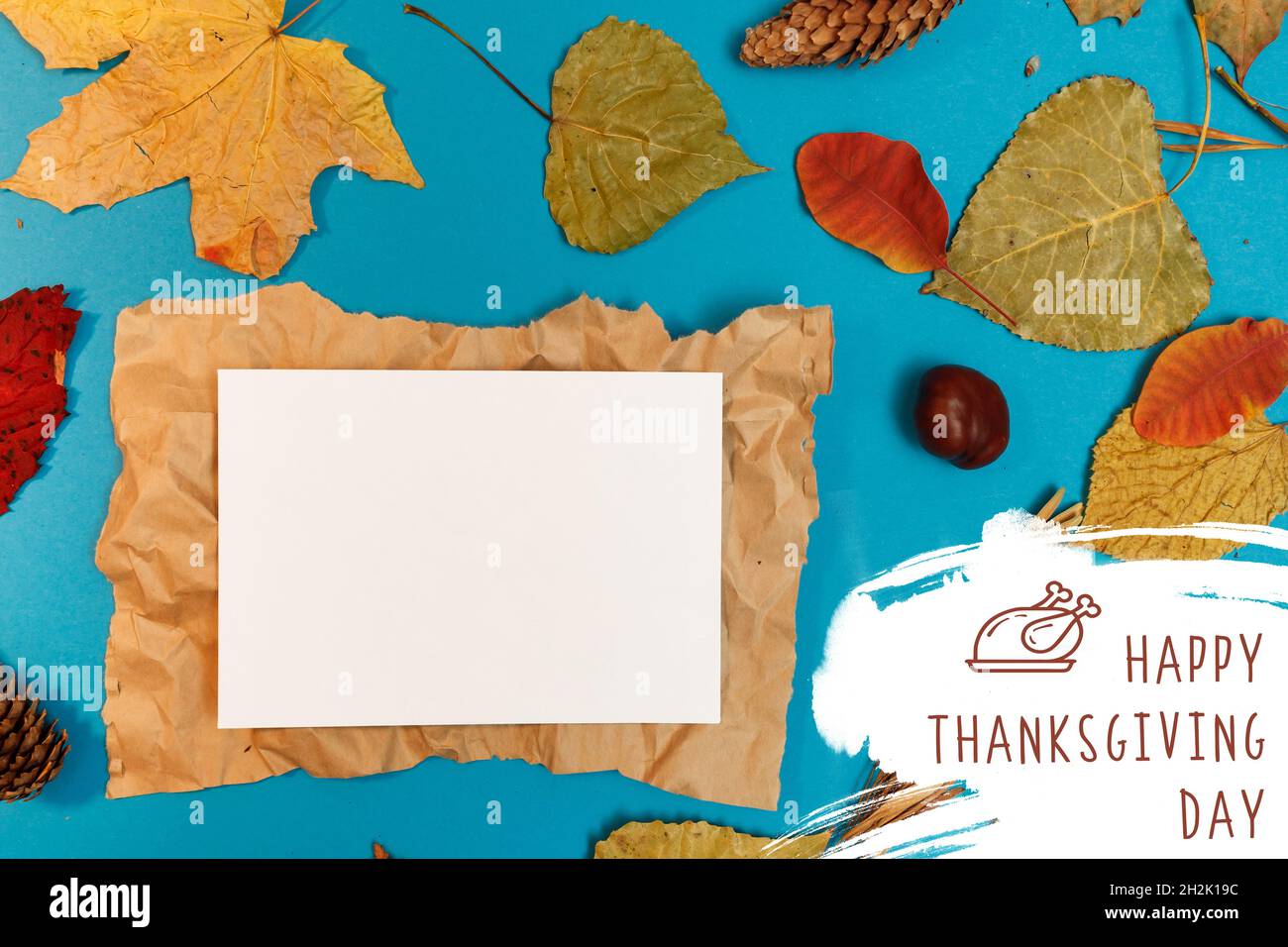 Thanksgiving day mockup template with yellow leaves and frame Stock ...
