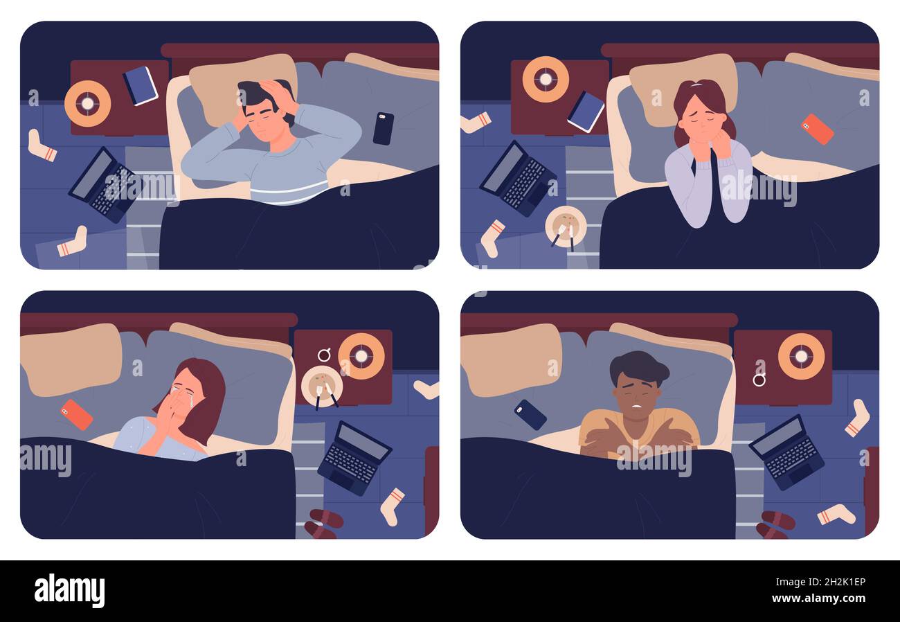 Tired persons with insomnia and depression at night vector illustration ...
