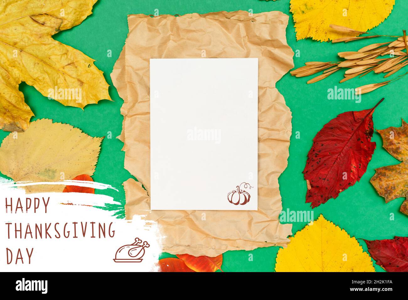 Thanksgiving day mockup template with yellow leaves and frame Stock ...