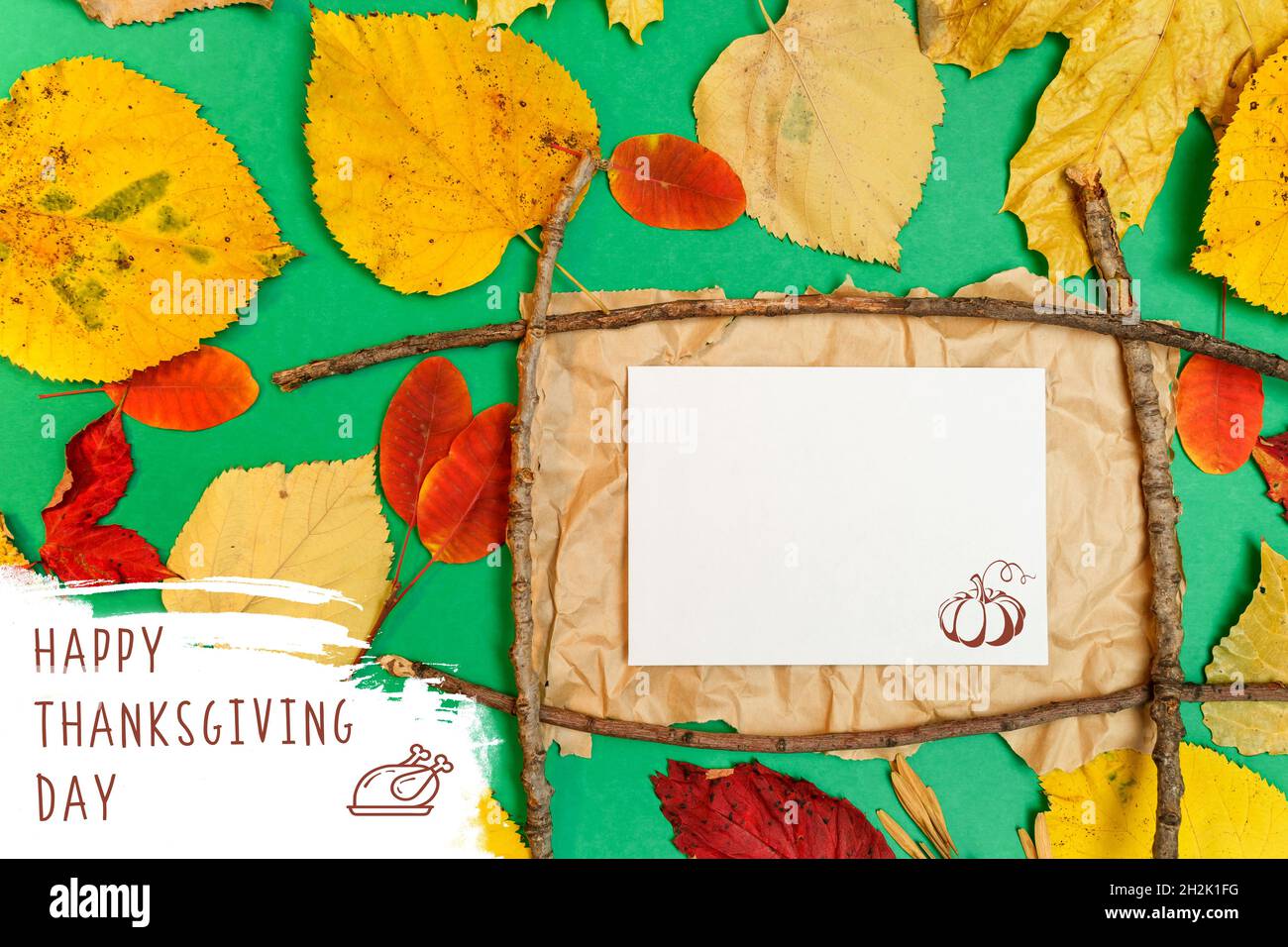 Thanksgiving day mockup template with yellow leaves and frame Stock ...