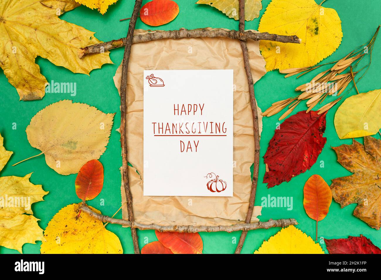 Thanksgiving day mockup template with yellow leaves and frame Stock ...