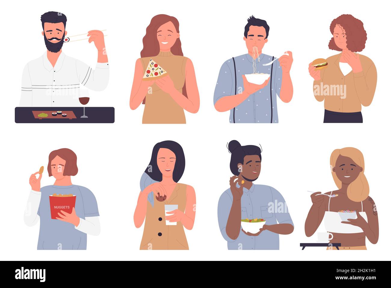 People eat fast food set vector illustration. Cartoon hungry woman ...