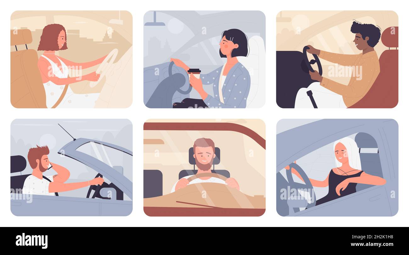 People driving car set vector illustration. Cartoon young man woman ...