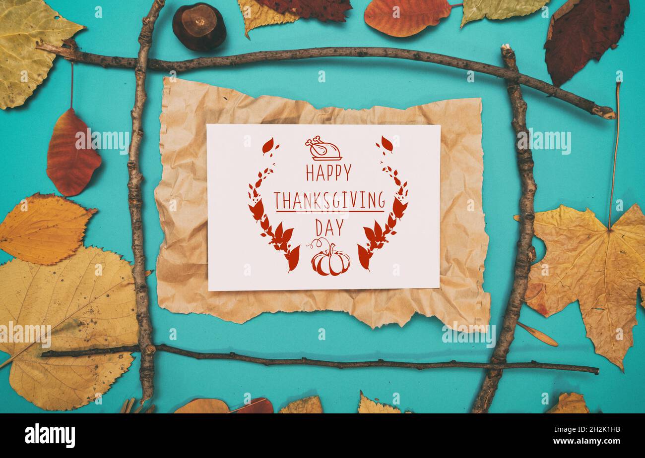 Thanksgiving day mockup template with yellow leaves and frame Stock ...