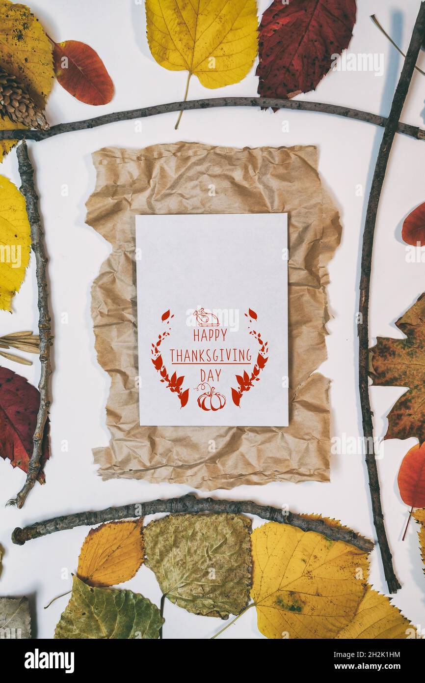 Thanksgiving day mockup template with yellow leaves and frame Stock ...