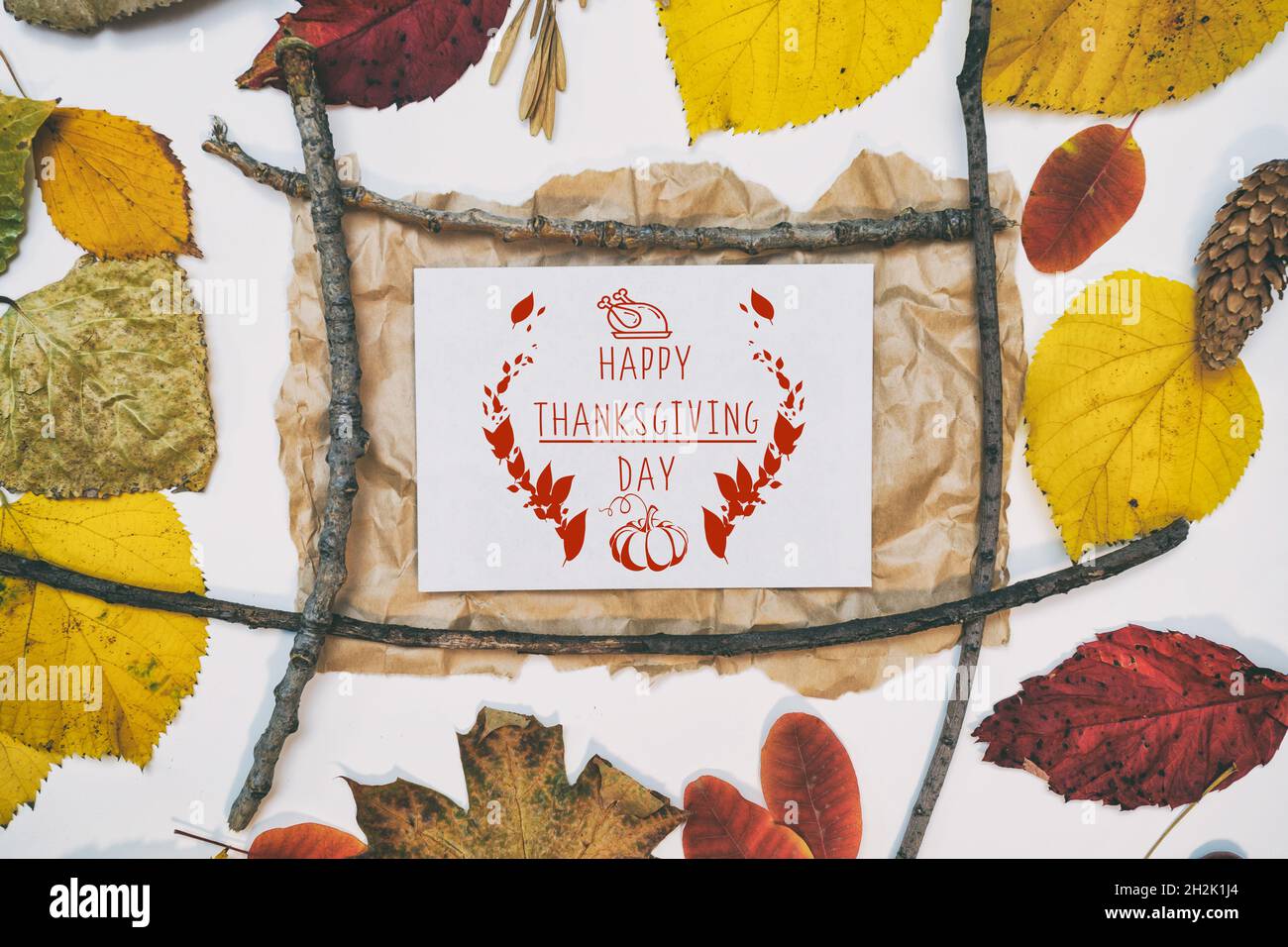Thanksgiving day mockup template with yellow leaves and frame Stock ...