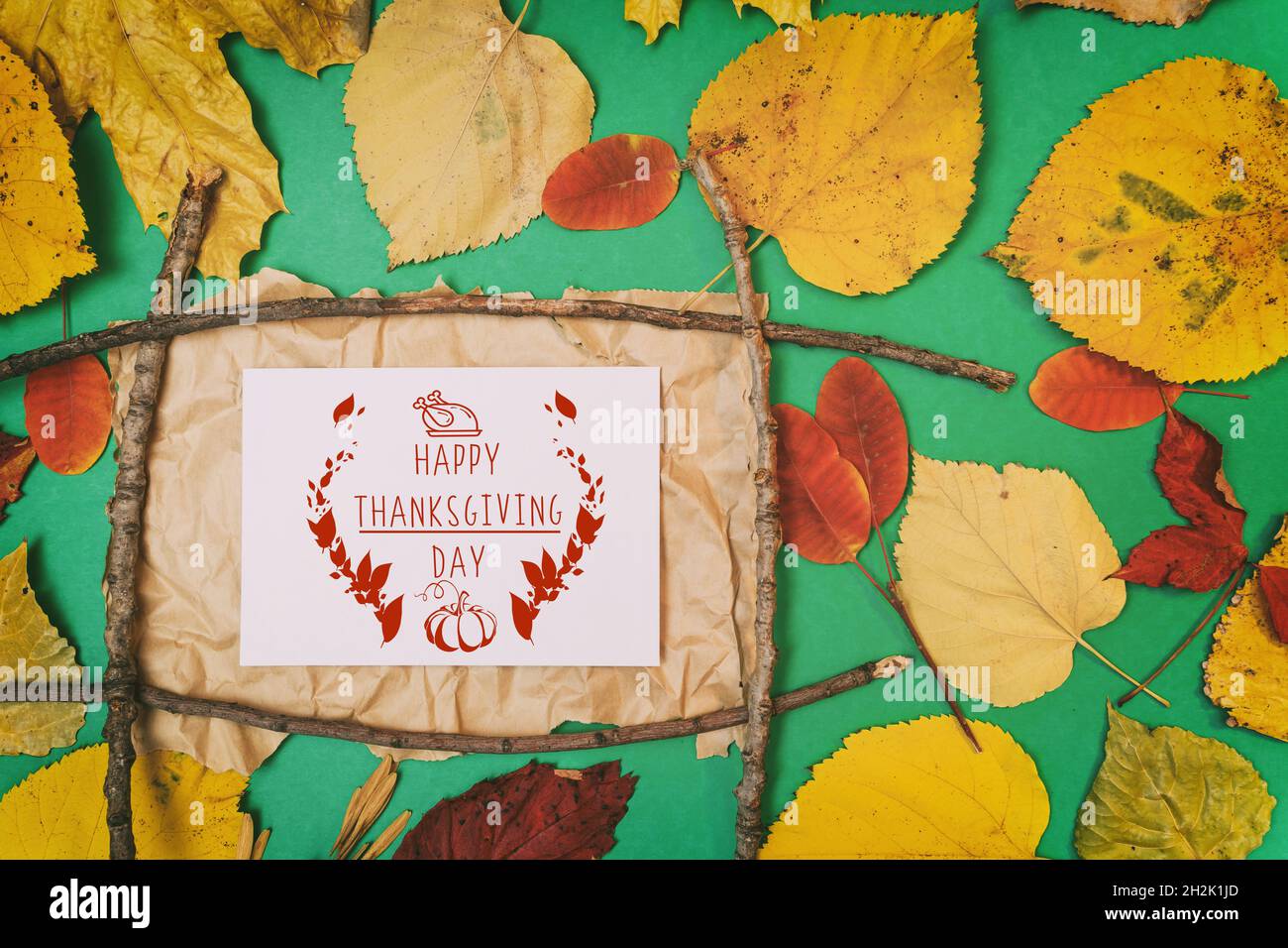 Thanksgiving day mockup template with yellow leaves and frame Stock ...
