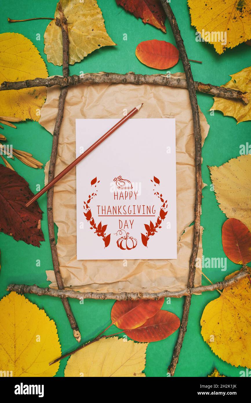 Thanksgiving day mockup template with yellow leaves and frame Stock ...