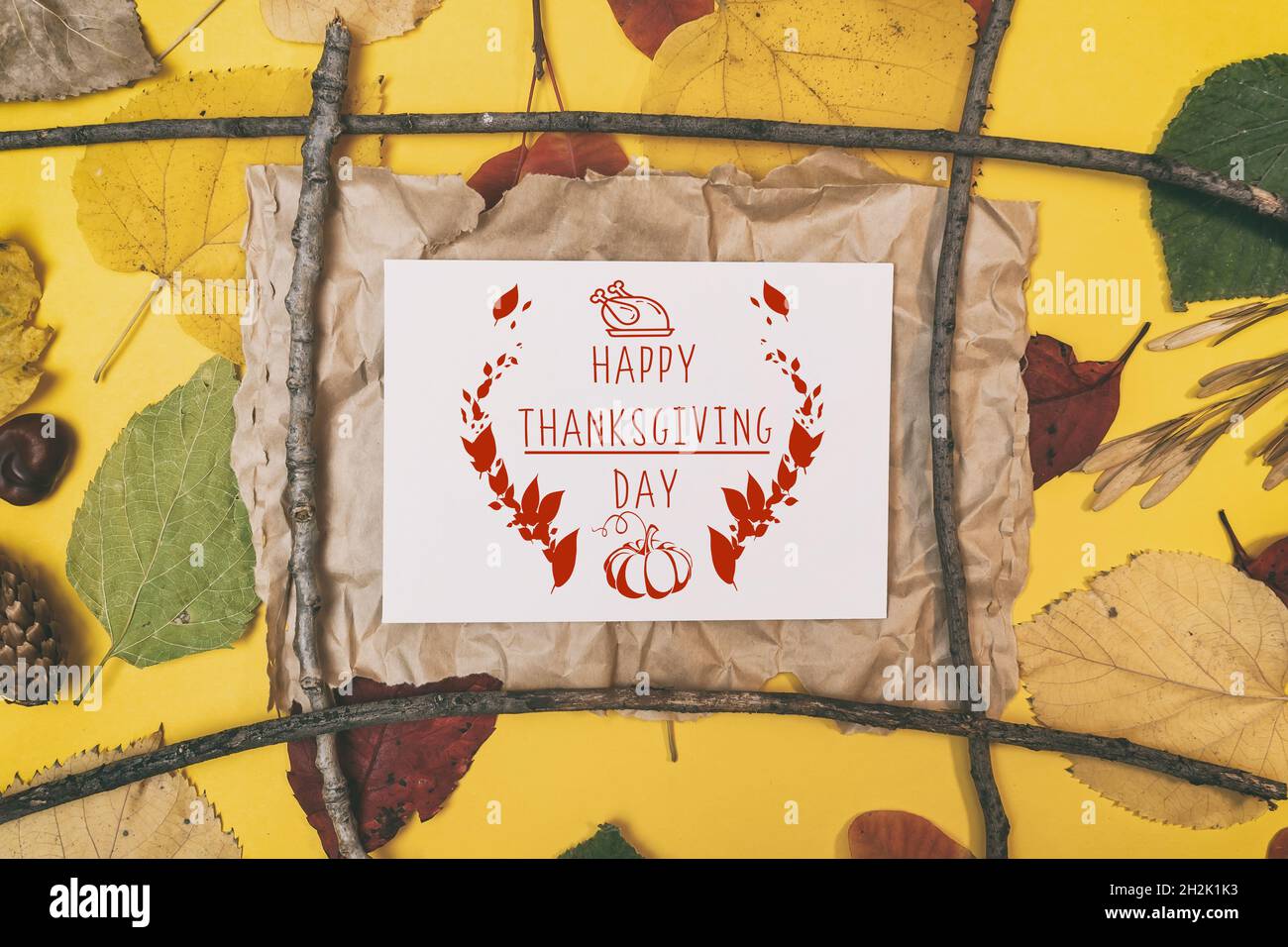 Thanksgiving day mockup template with yellow leaves and frame Stock ...