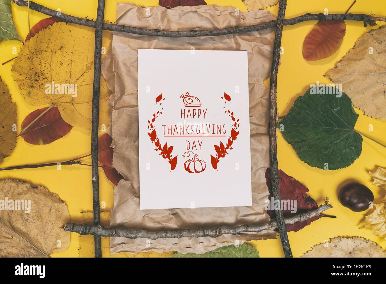 Thanksgiving day mockup template with yellow leaves and frame Stock ...