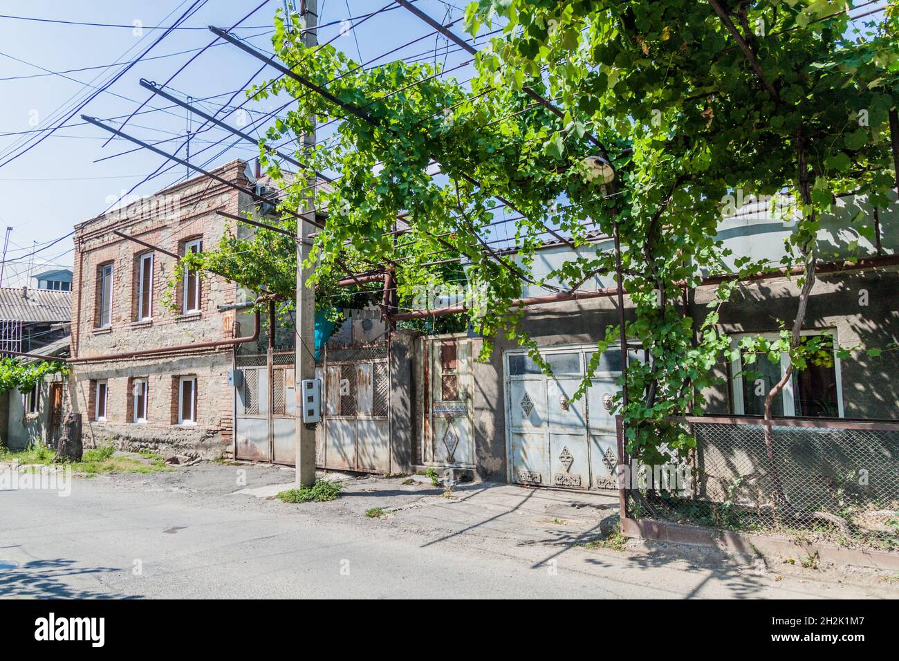 Residential houses with grape vines in Gori town, Georgia Stock Photo ...