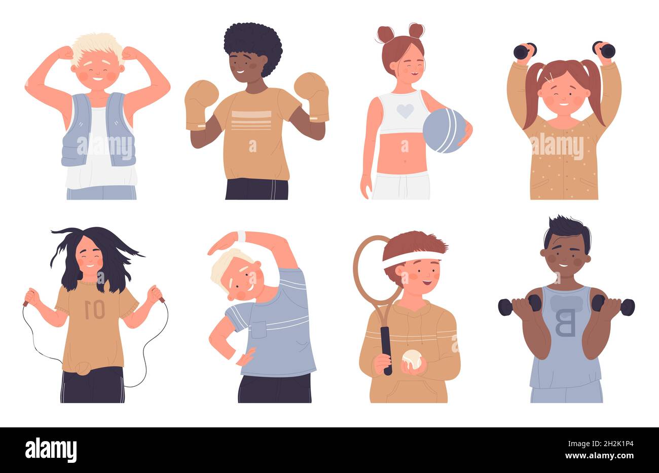 Happy kids do sport exercises isolated vector illustration set. Cartoon ...