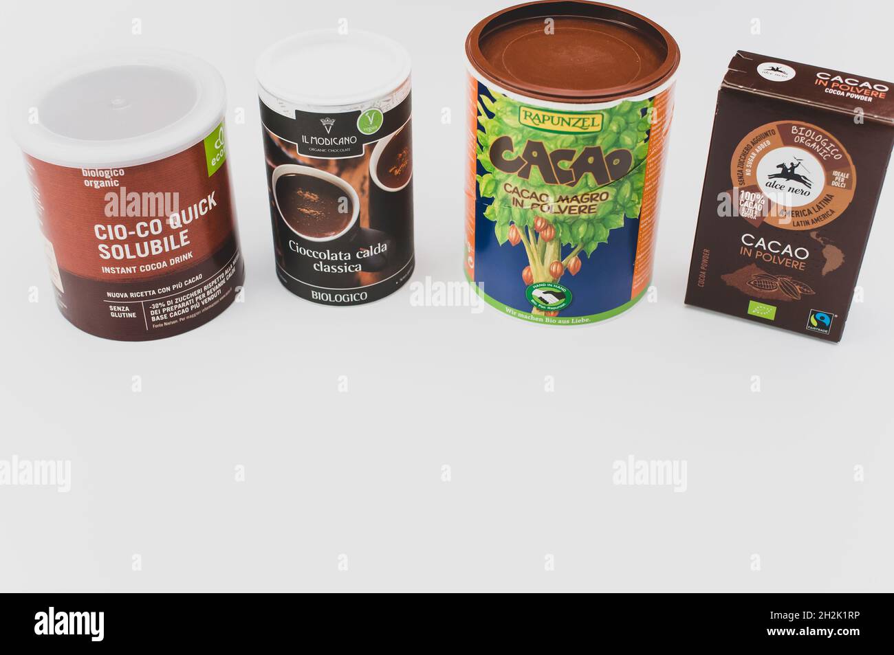 COMO, ITALY - Oct 22, 2021: bio organic cocoa powders with various ...