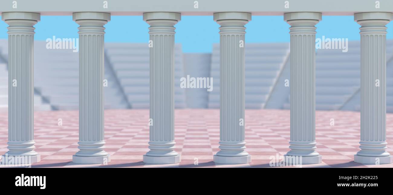 Classic pillars and ancient amphitheater round steps seating and stage ...