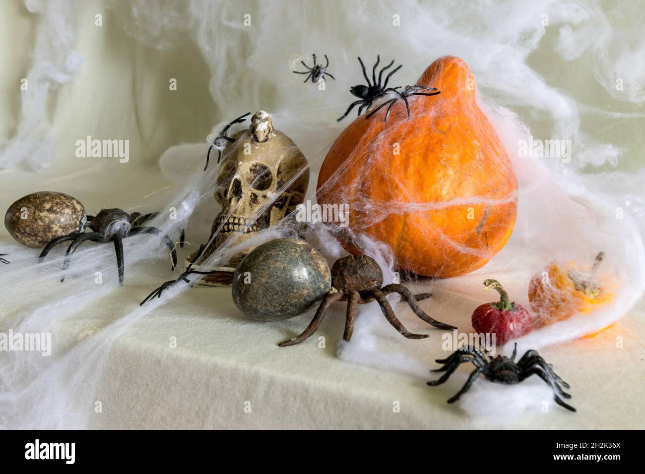 decoration and holiday concept, halloween theme, orange pumpkin and ...
