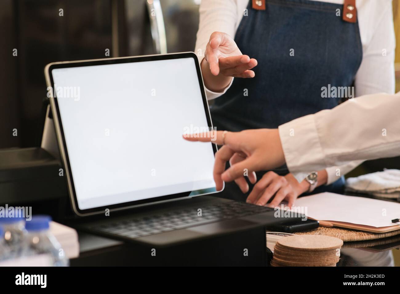 Customer self service order drink menu with tablet screen at cafe ...