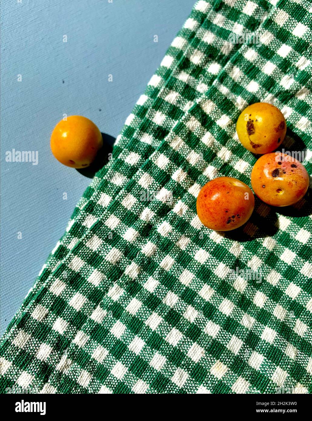 wild plums on a checkered textile Stock Photo - Alamy