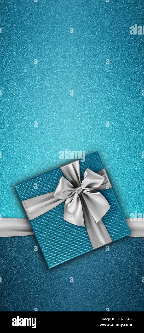 merry christmas gift card, blue box with shiny silver ribbon bow ...
