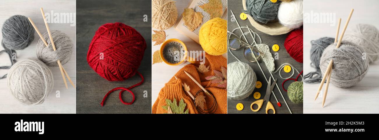 Collage of knitting compositions on wooden backgrounds Stock Photo - Alamy