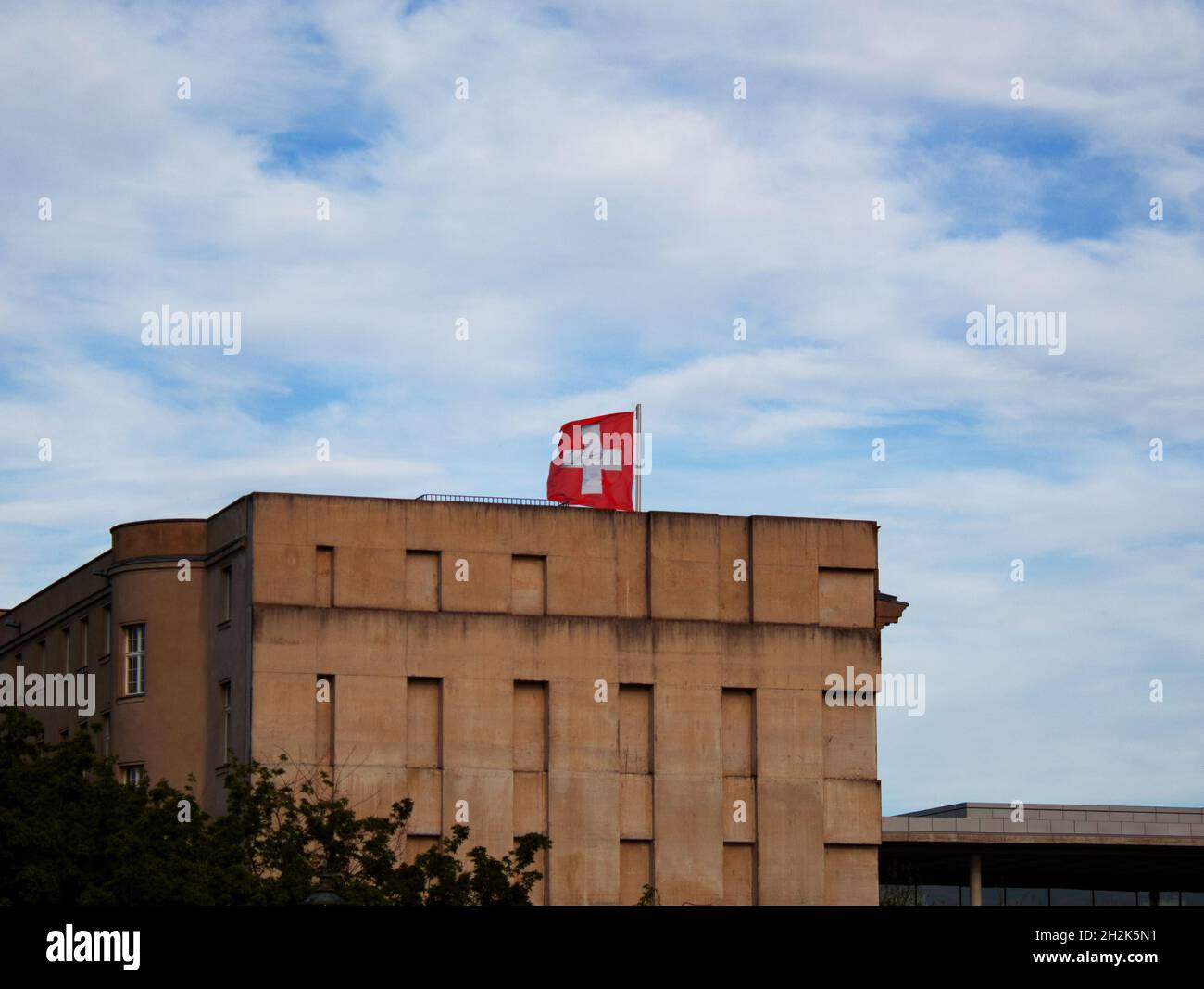 Swiss Flag of Swiss embassy Stock Photo - Alamy