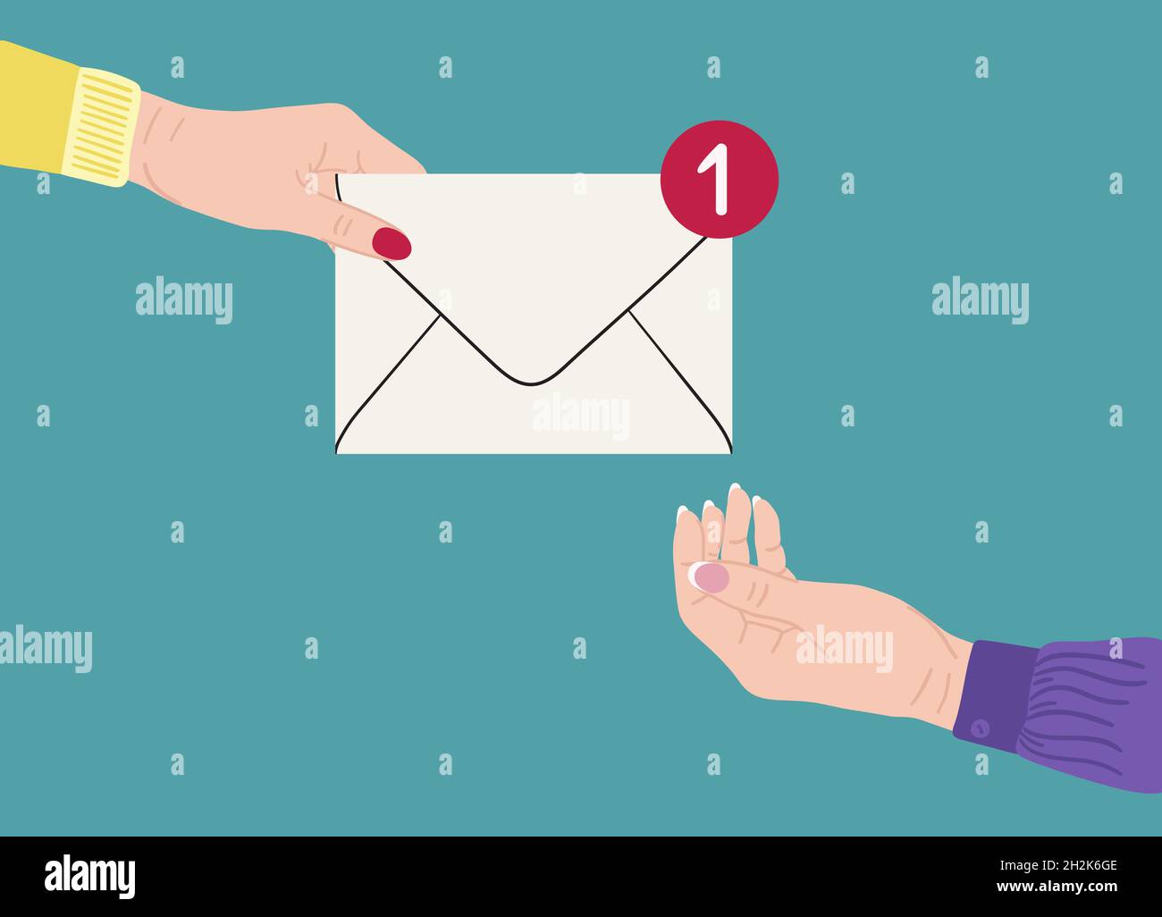 Female hand is giving envelop to another hand. Concept of mail delivery ...