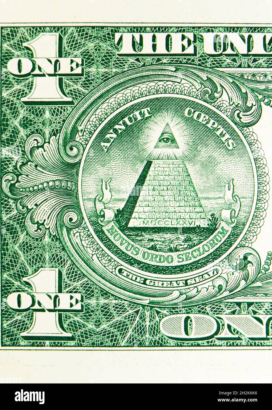 One dollar banknote, Bank of USA, closeup bill fragment shows topped by ...