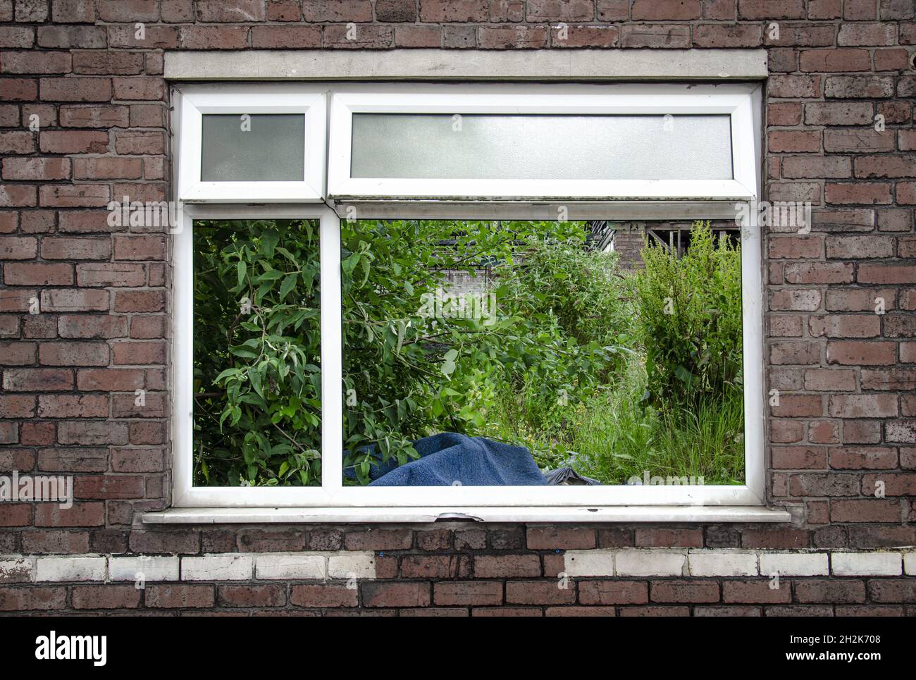 View through the window of the remaining outer wall of the factory ...