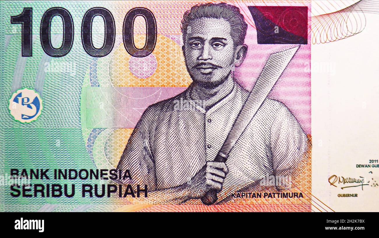 1000 Rupiah banknote, Bank of Indonesia, closeup bill fragment shows ...