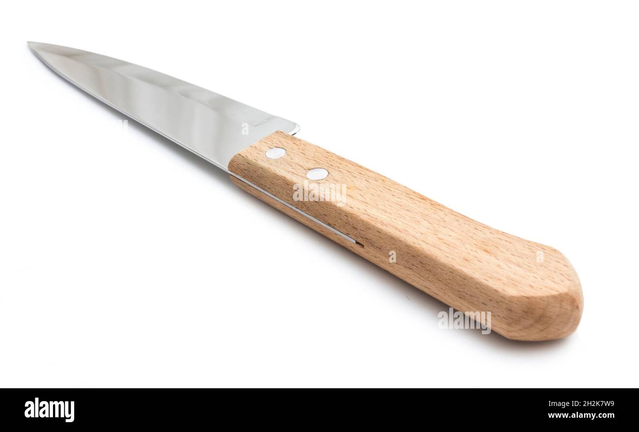 Chefs sharp knife with wooden handle on white background Stock Photo ...