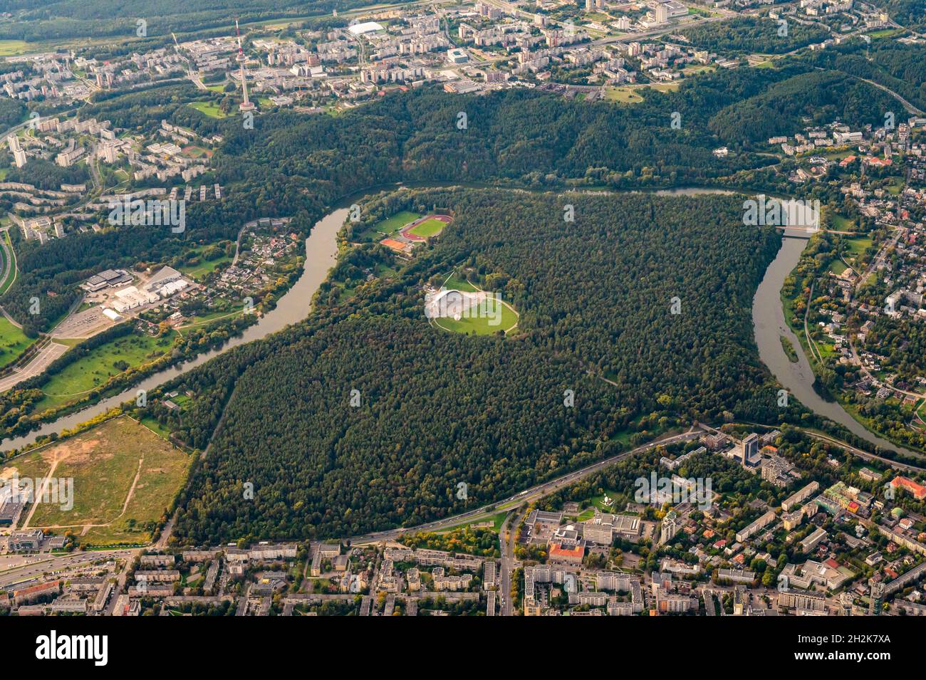 View from hot air balloon on most popular and famous Vingis park in ...