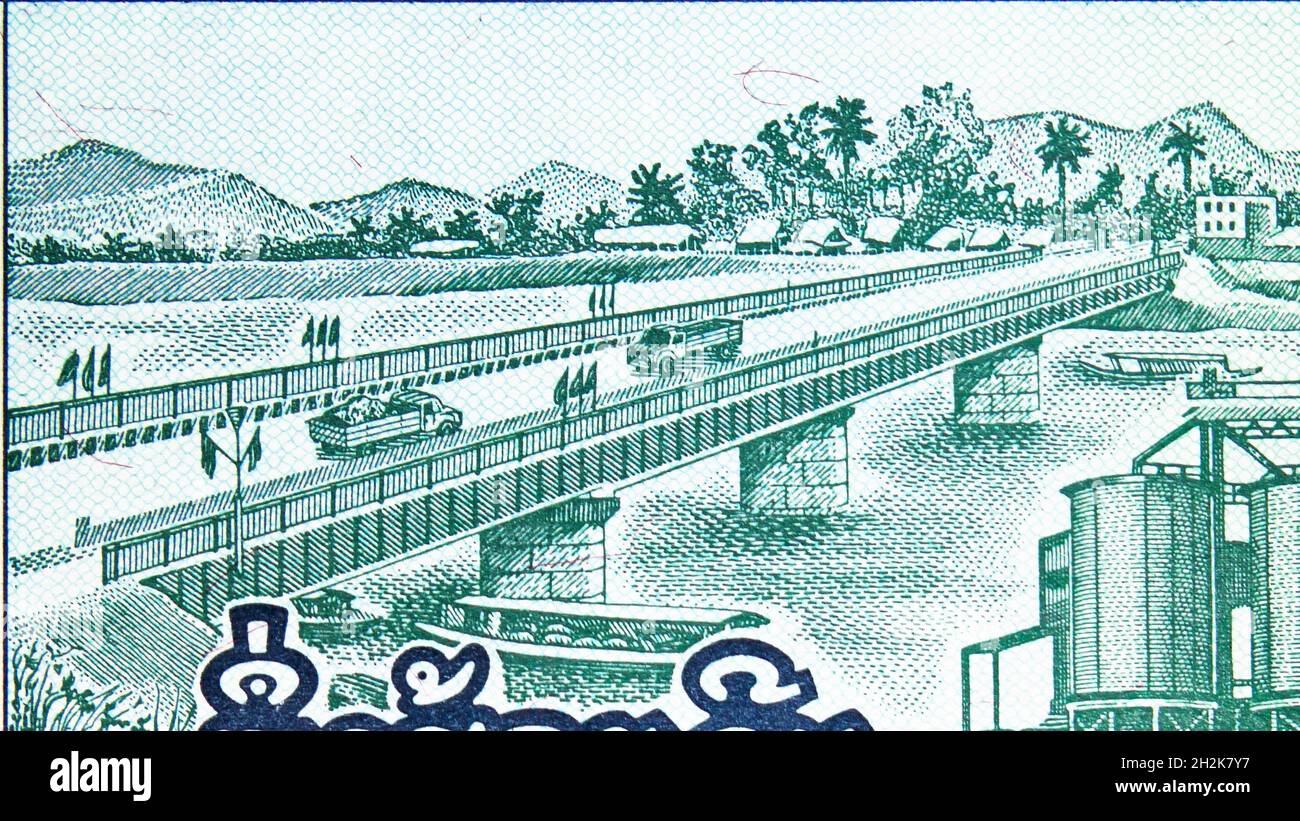 100 Kip banknote, Bank of Laos, closeup bill fragment shows Bridge ...