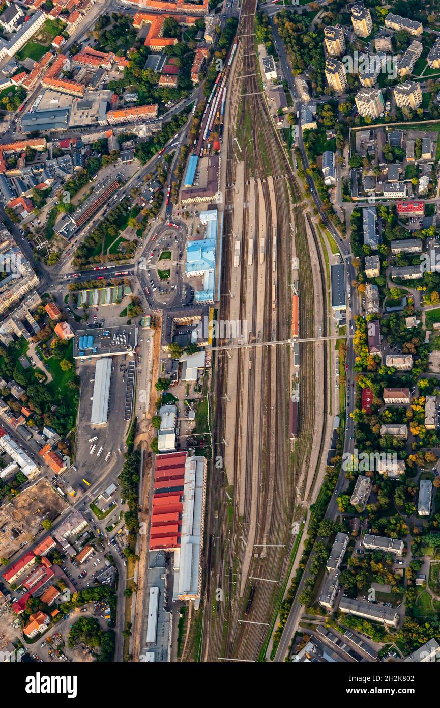 Main train station of Vilnius capital of Lithuania from hot air balloon ...