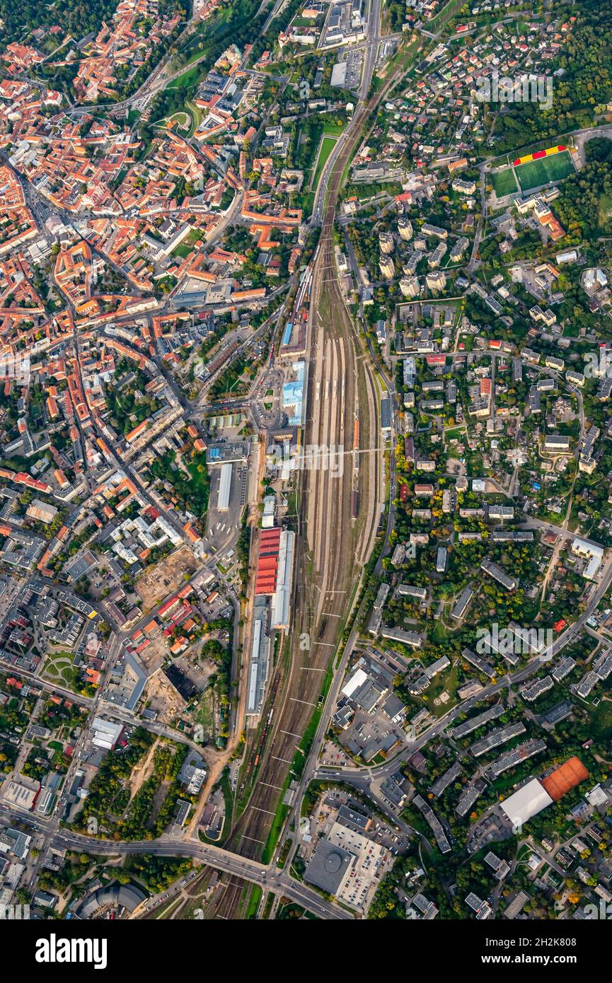 Main train station of Vilnius capital of Lithuania from hot air balloon ...