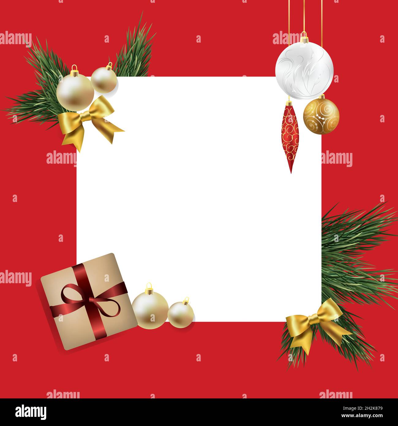 Red Christmas background, Christmas tree with decorations and gifts ...