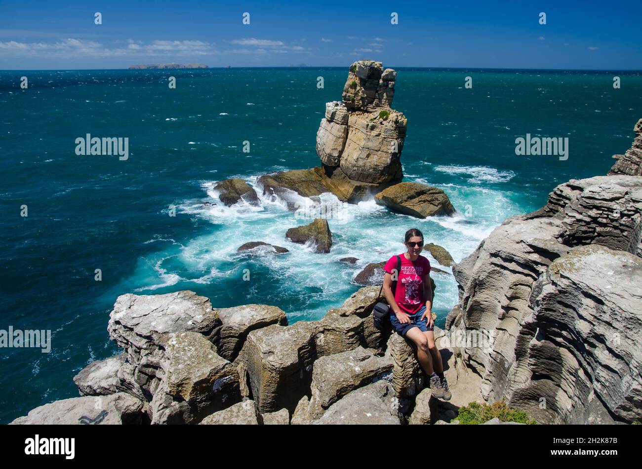 Caucasian female posing at the historic Cabo da Roca, Portugal Stock ...