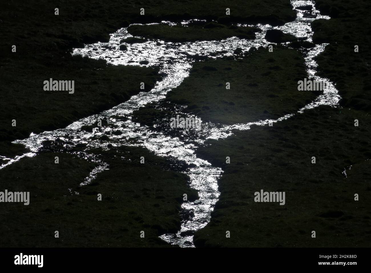 A meandering and dividing mountain river at the entrance to the plain ...