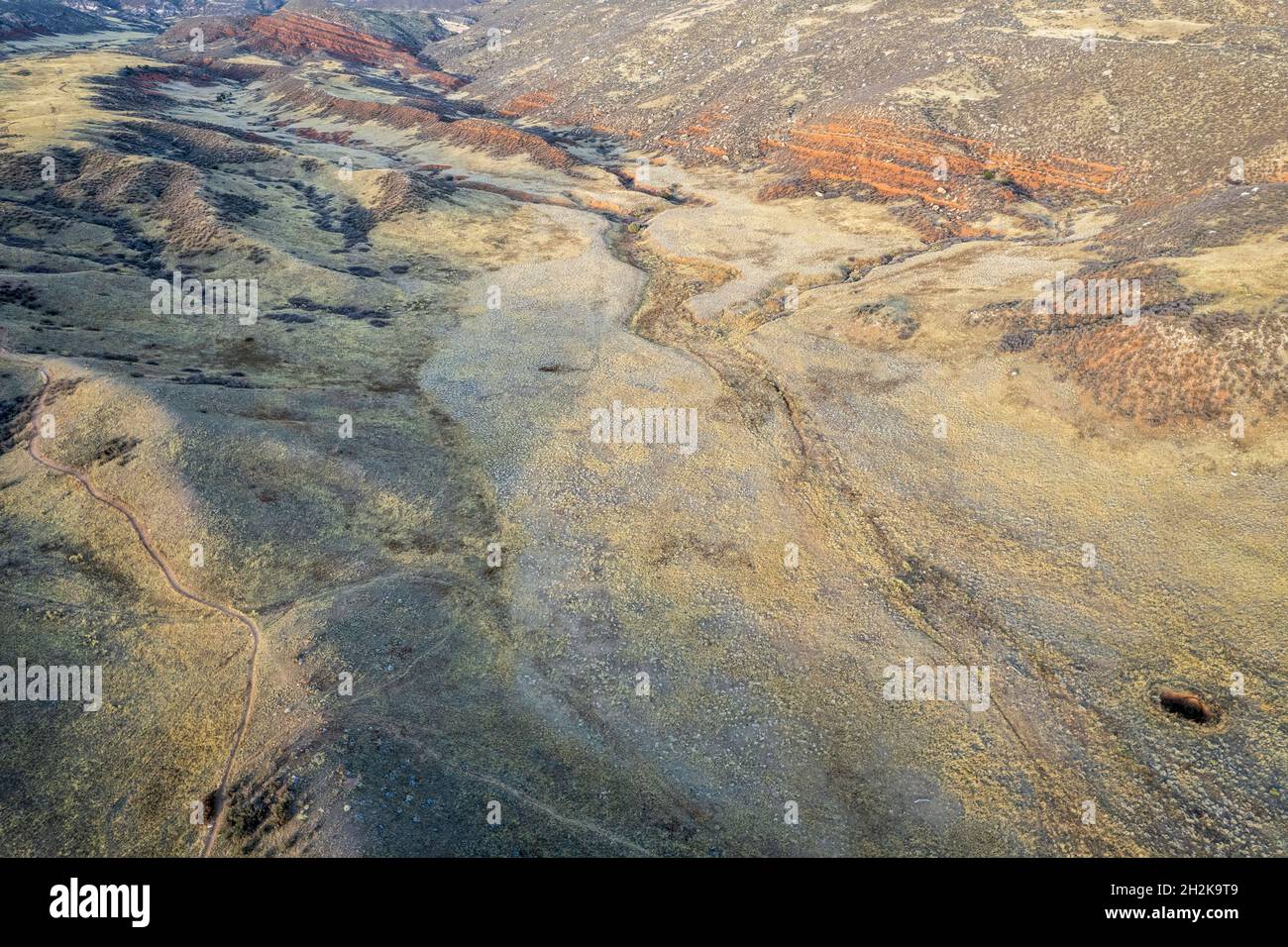 aerial view of foothills of Rocky Mountains in northern Colorado with ...