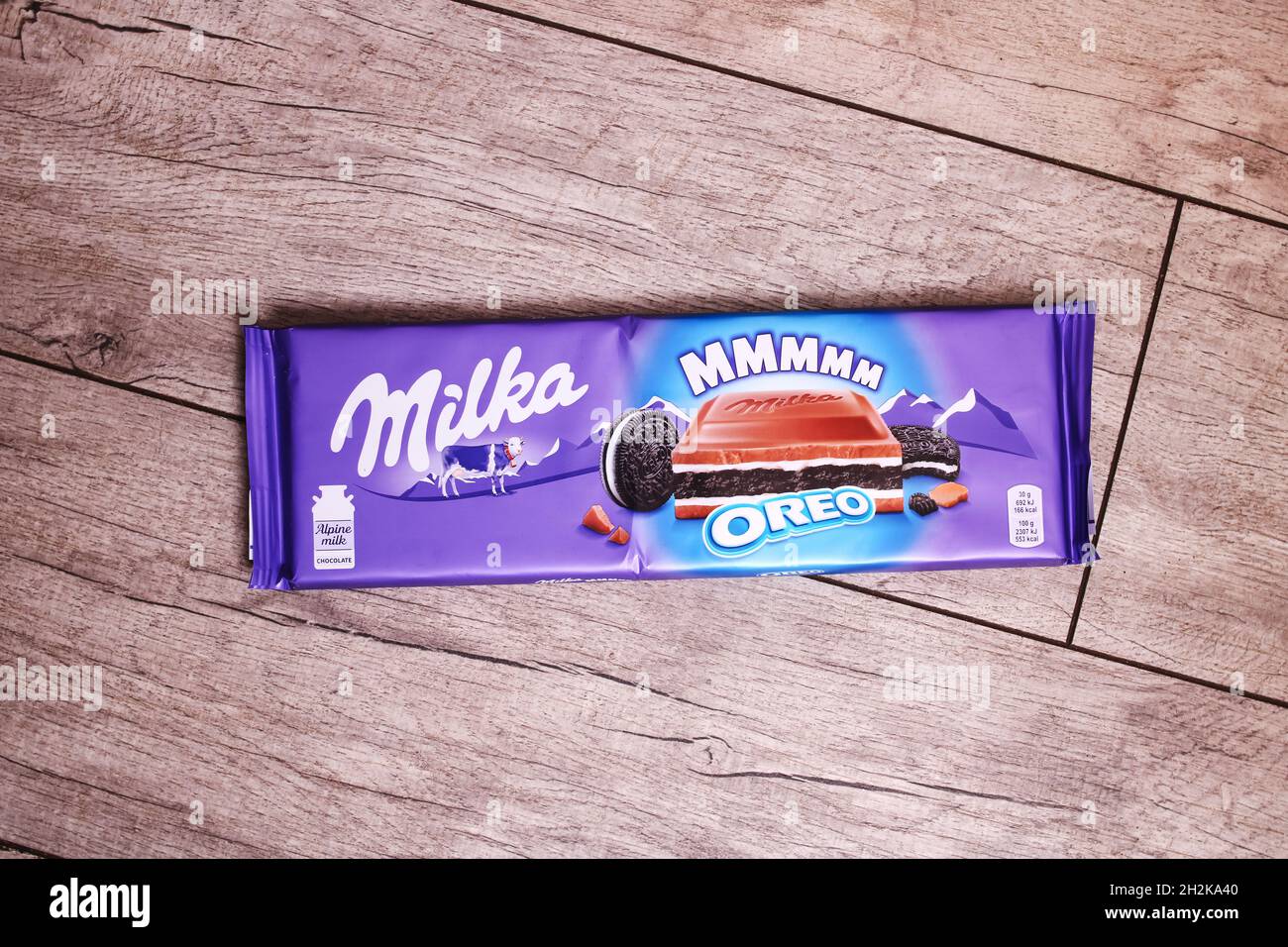 BELARUS, NOVOPOLOTSK - 20 OCTOBER, 2021: Big Milka chocolate bar on a ...