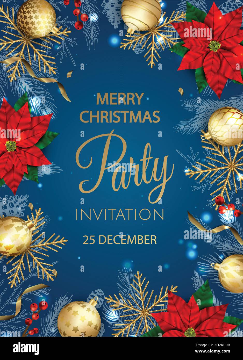 Christmas party invitation with balls and gold snowflakes Stock Vector ...