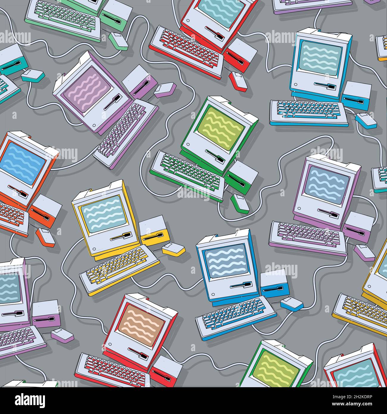 Vector illustration with drawing of old computers with keyboard and ...