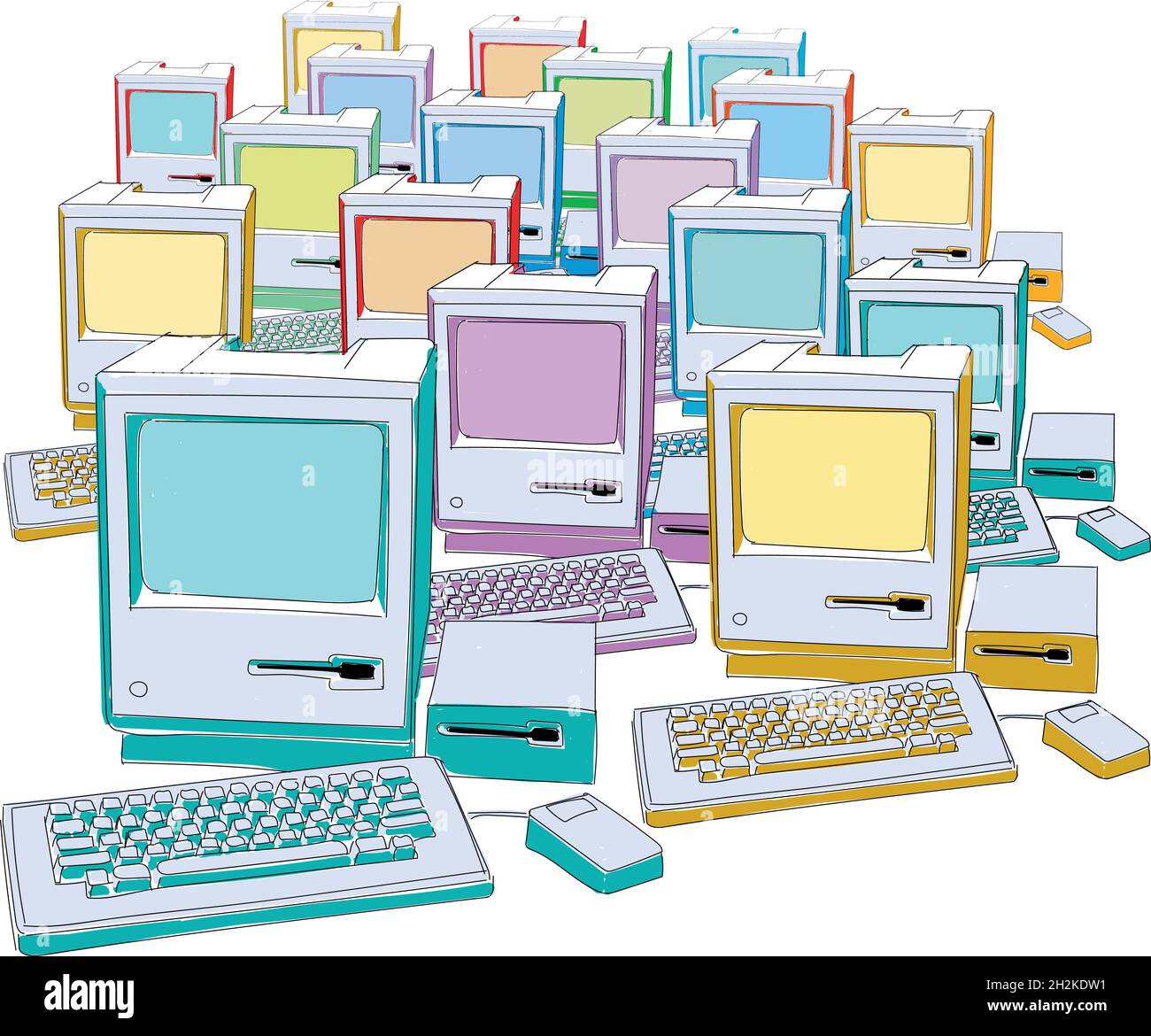 Vector illustration with drawing of old computers with keyboard and ...