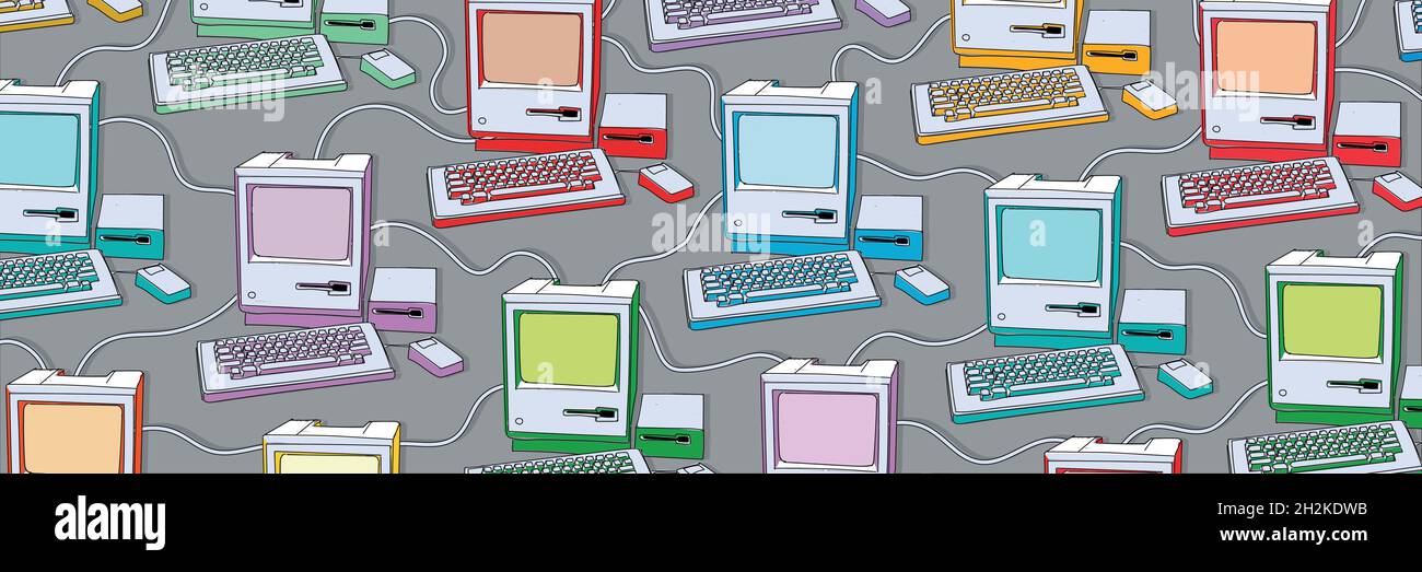 Vector illustration with drawing of old computers with keyboard and ...