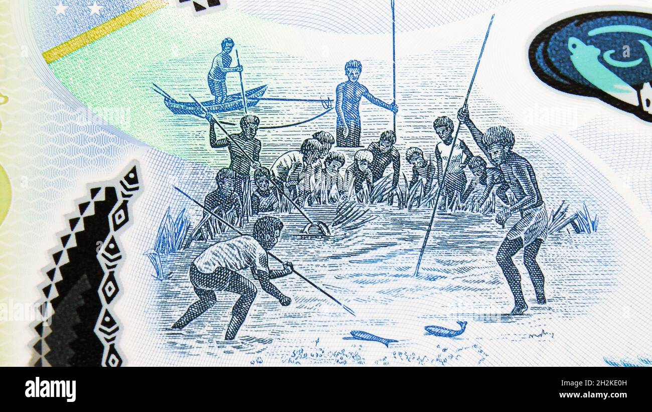 5 Dollars polymer banknote, Bank of Solomon Islands, closeup bill ...