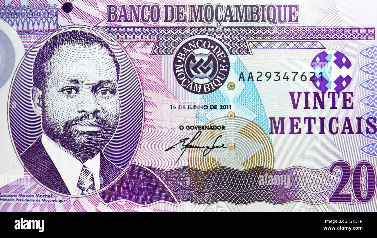 20 Meticais polymer banknote, Bank of Mozambique, closeup bill fragment ...