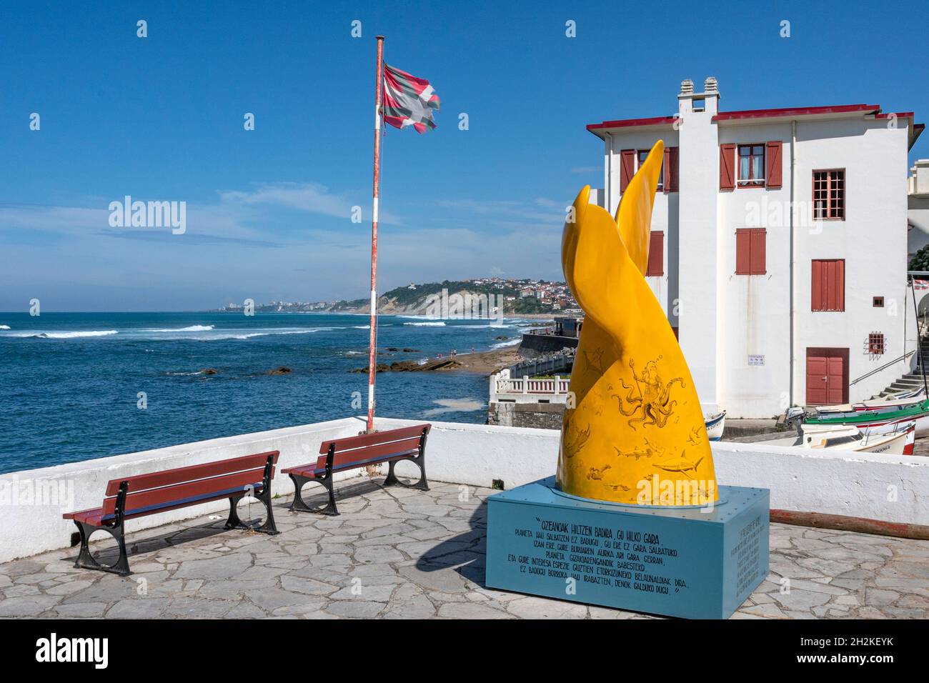 The whale memorial of the small port of Guéthary at the Basque Atlantic ...