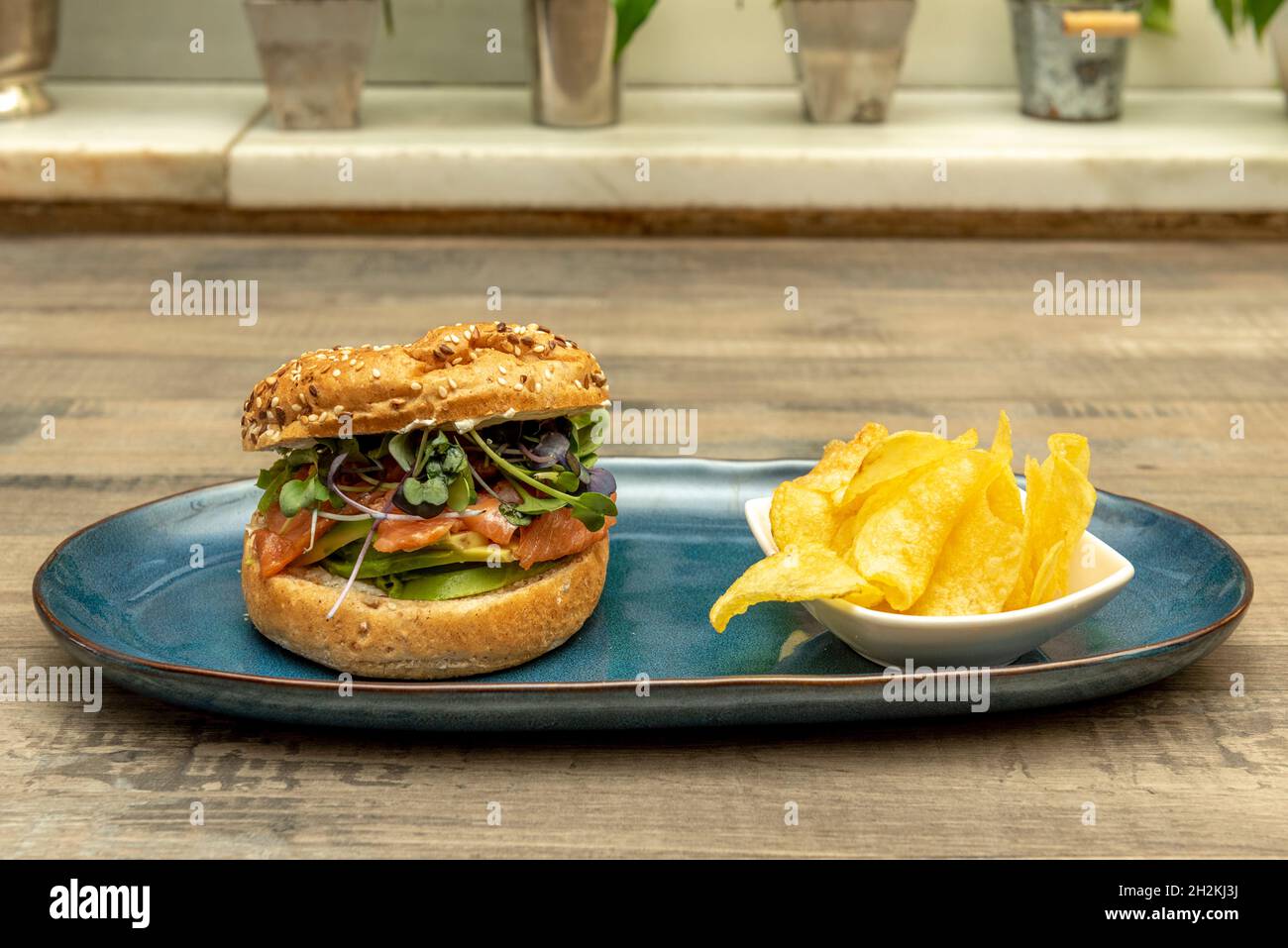 Bread bagel traditionally made from wheat flour, stuffed with smoked ...