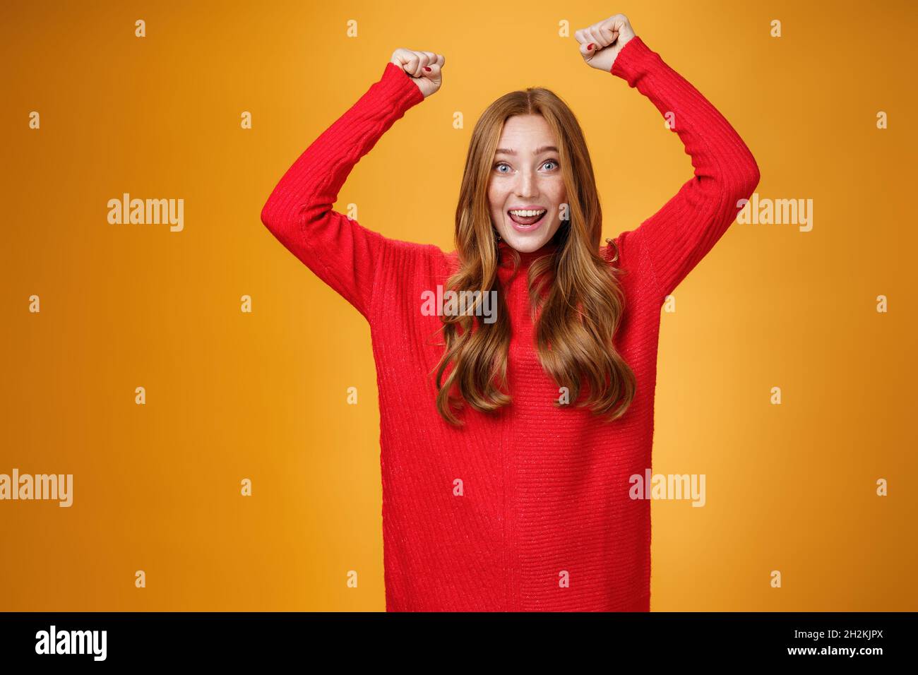 Optimistic happy and supportive ginger girl yelling cheering words ...