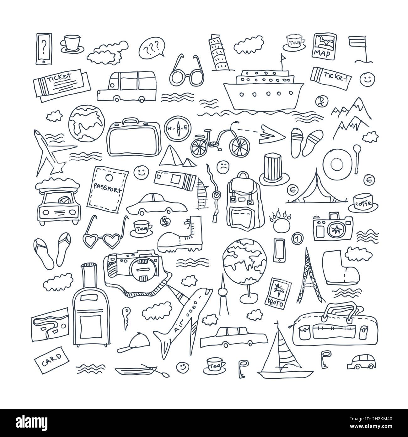 Hand drawn travel, tourism doodles elements vector illustration Stock ...
